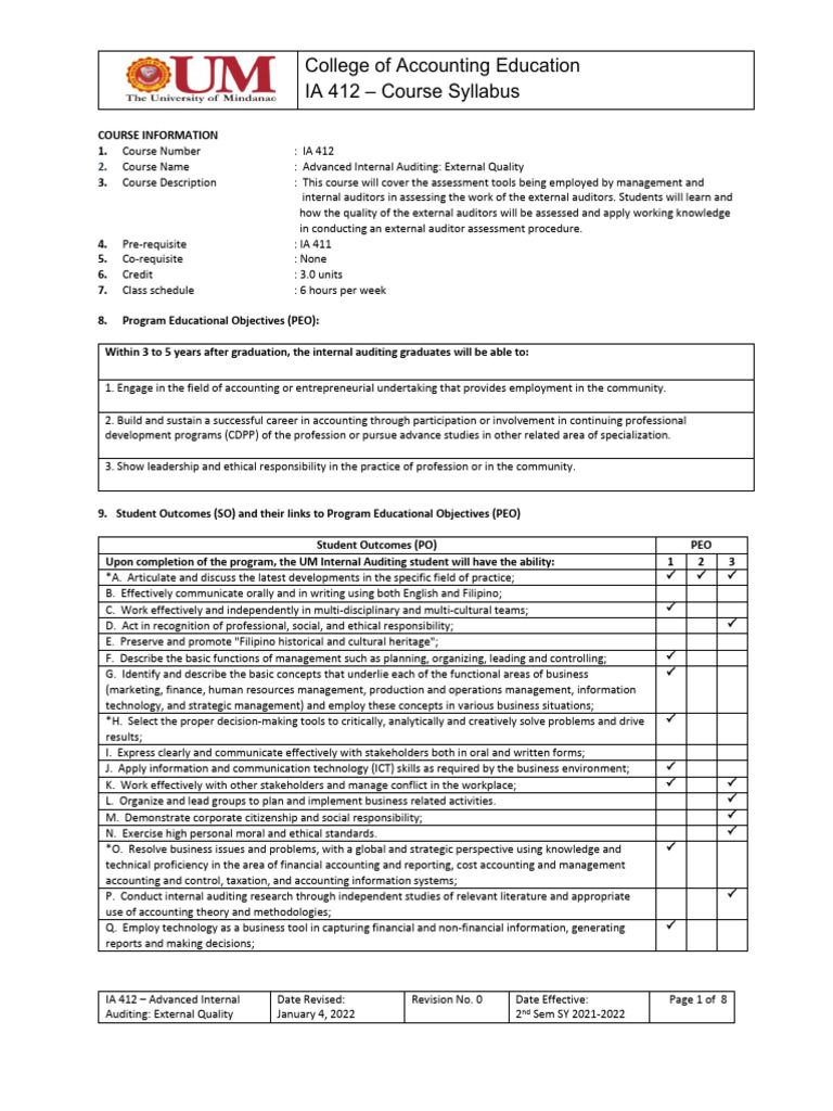 IA 412 Syllabus | PDF | Internal Audit | Audit