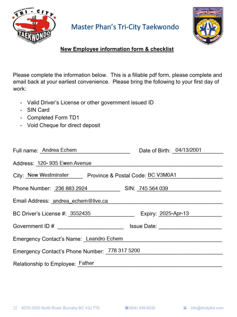 New Employee Info Form & Checklist | PDF
