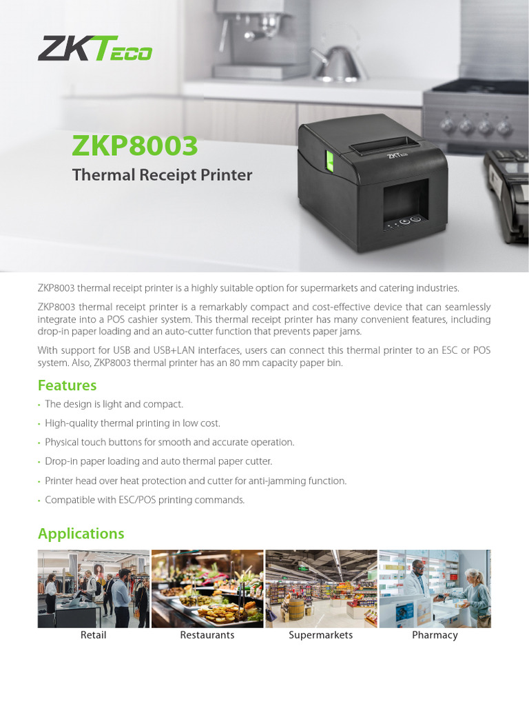 ZKP8003 - Thermal Printer - Datasheet - 20241101 | PDF | Printer (Computing) | Point Of Sale