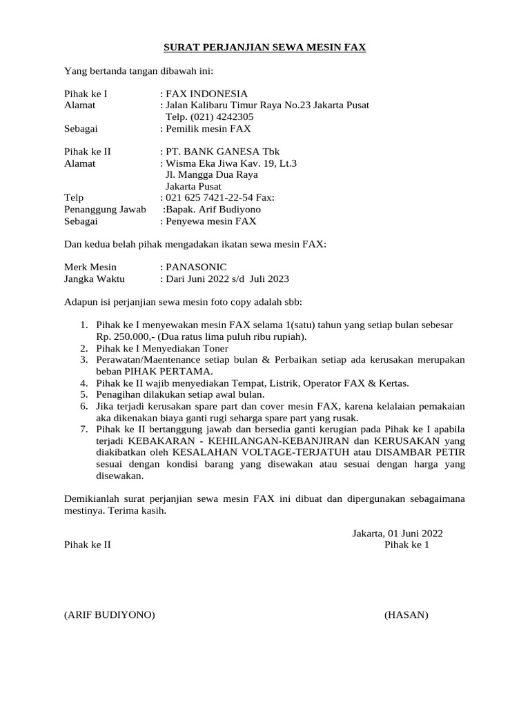 Surat Perjanjian Sewa Mesin Fax 1 | PDF