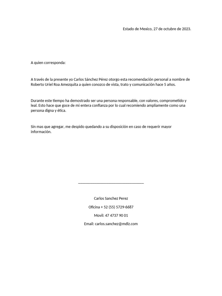 Recomendación Personal de Roberto Roa | PDF