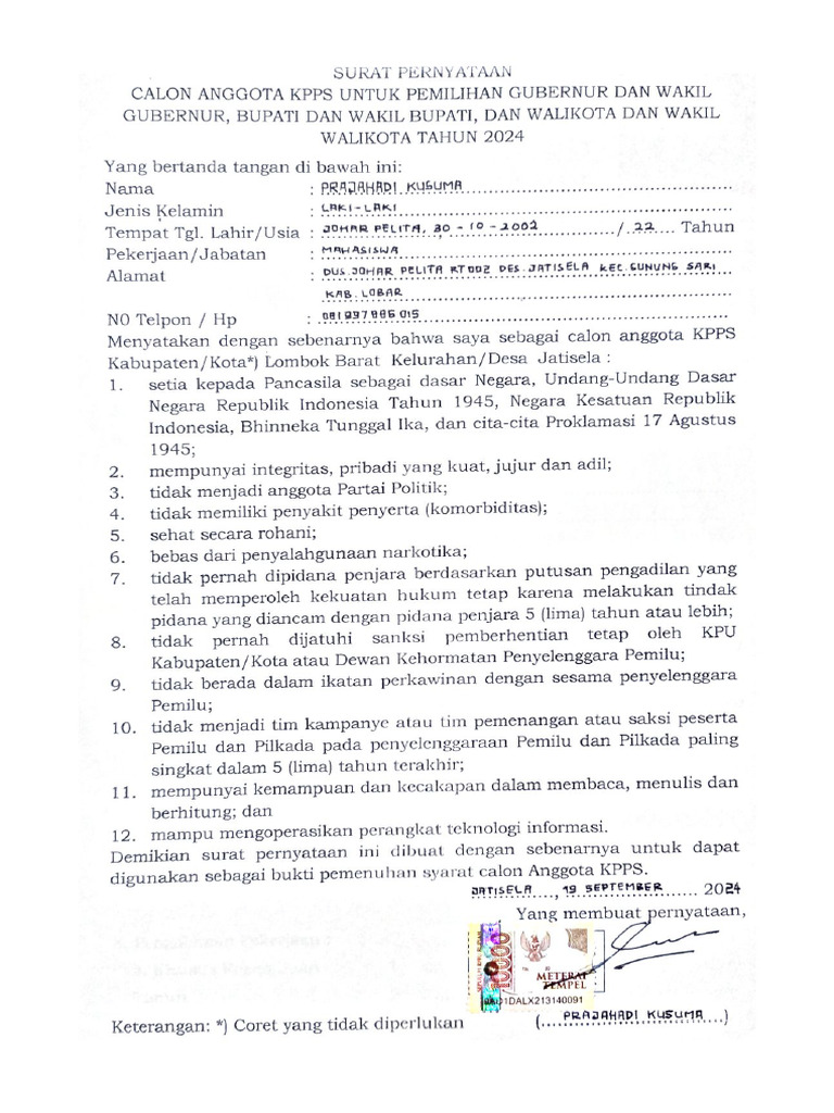 Surat Pernyataan KPPS | PDF