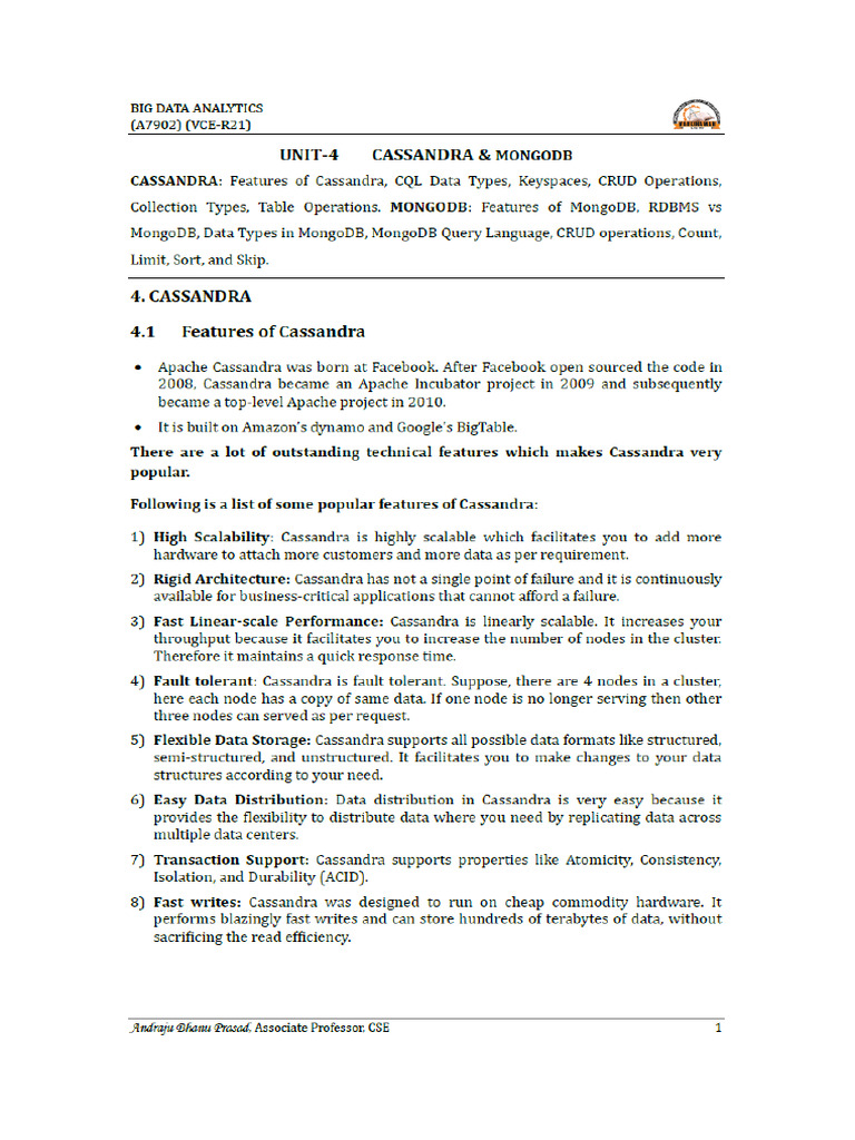 4 Big Data Analytics-Cassandra MongoDB R21 A7902 ABP | PDF