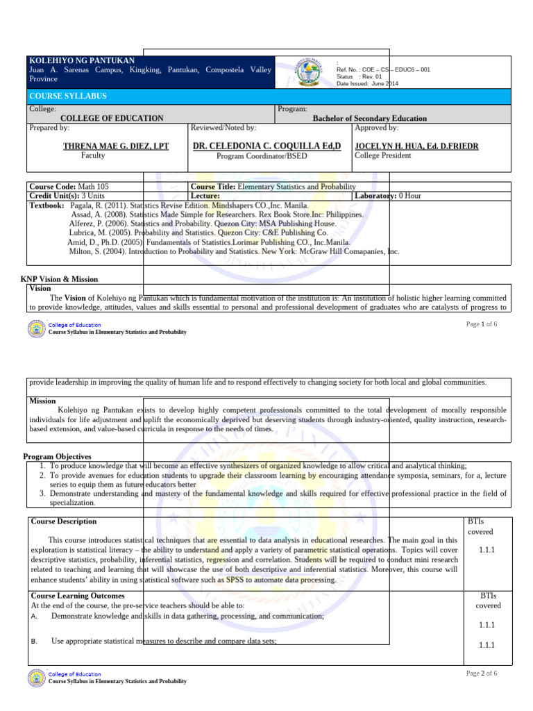 Elementary Statistics Course Syllabus | PDF | Statistical Hypothesis ...
