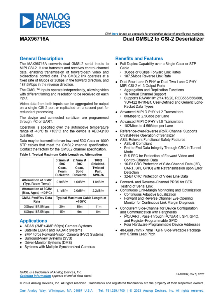 MAX96716A GMSL2 to CSI-2 Deserializer | PDF | Information And ...