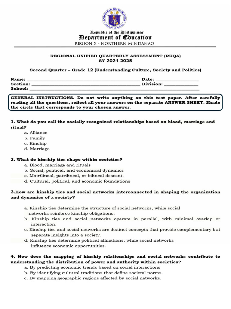 AP G12 UCSP Test Questionnaire Q2 | PDF | Kinship | Social Group