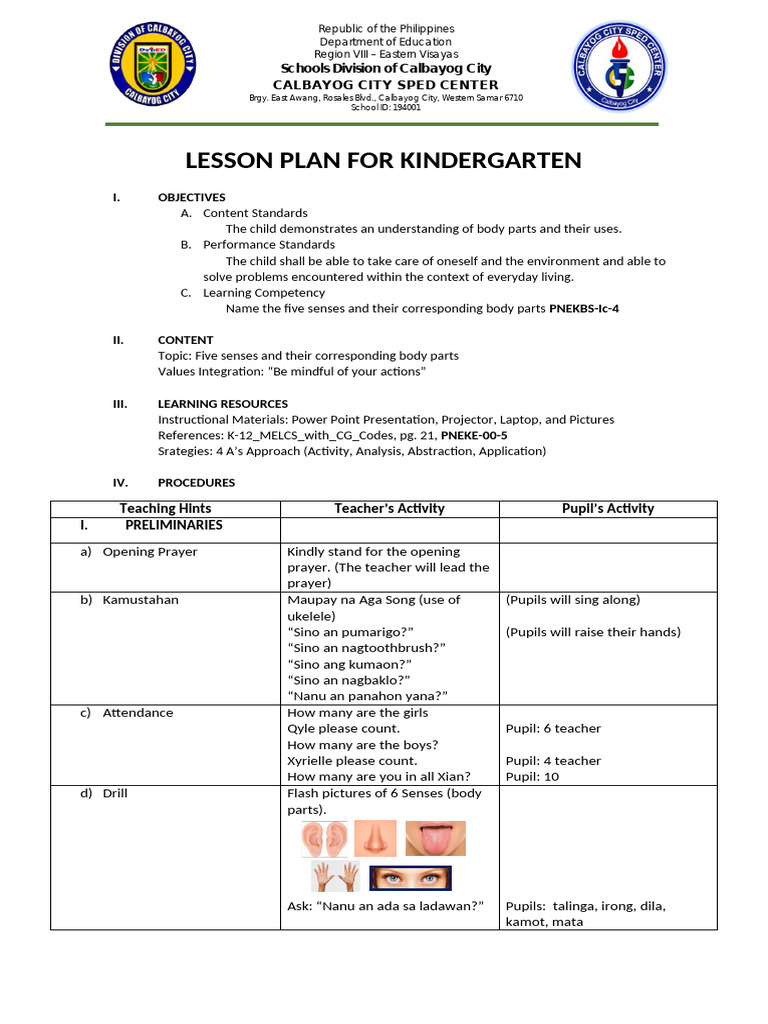 Lesson Plan For Kindergarten | PDF | Cognition | Human Communication
