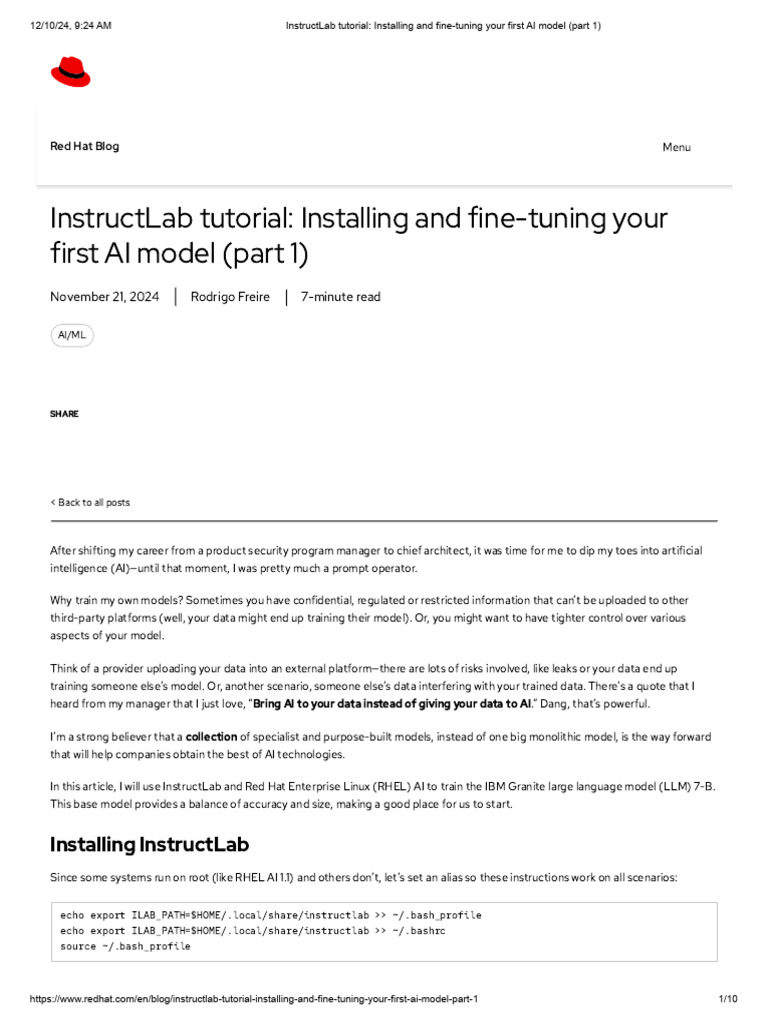 InstructLab tutorial_ Installing and fine-tuning your first AI model (part 1) | PDF | Artificial ...