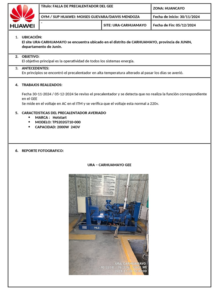 Informe Tecnico - Site URA CARHUAMAYO - AVERIA DEL PRECALENTADOR DEL GEE | PDF