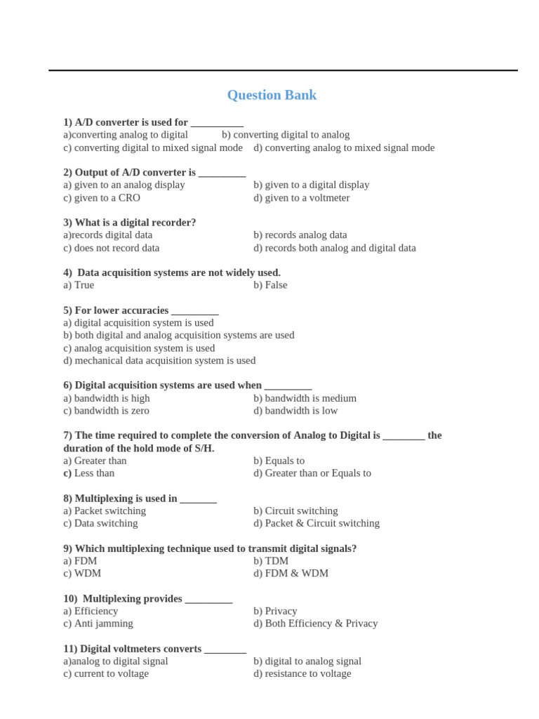 BCS II Transducer final Question Bank. | PDF | Analog To Digital Converter | Multiplexing
