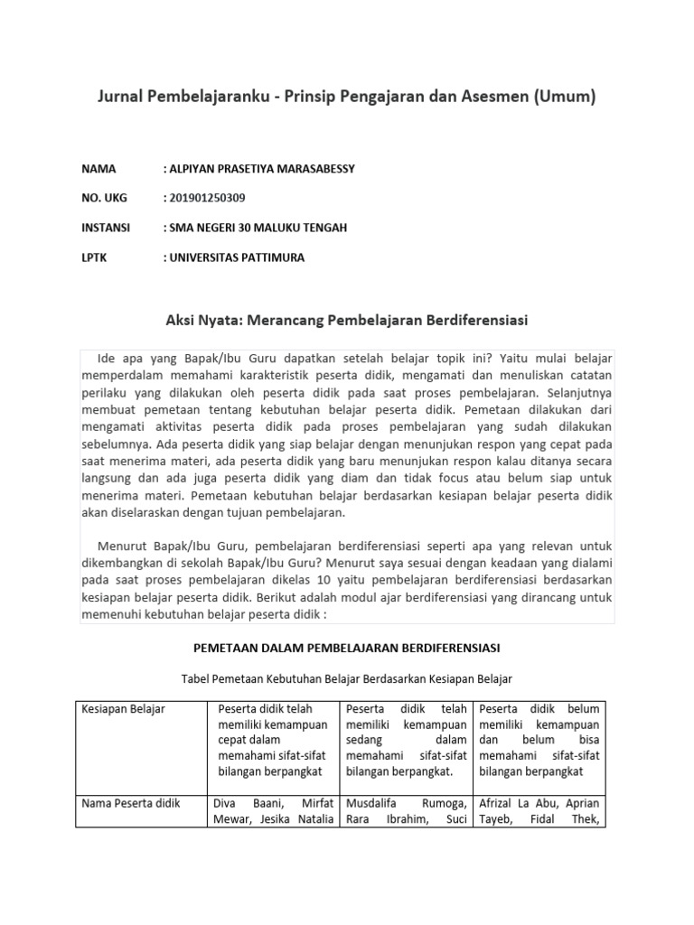 Jurnal Pembelajaranku-Prinsip Pengajaran dan Asesmen Umum-Pembelajaran Berdiferensiasi | PDF