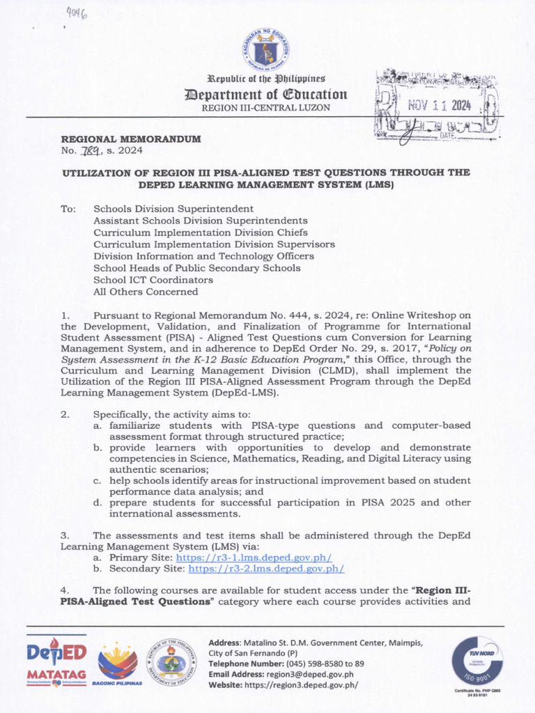RM No. 789 S.2024 Utilization of Region Iii Pisa Aligned Test Questions ...