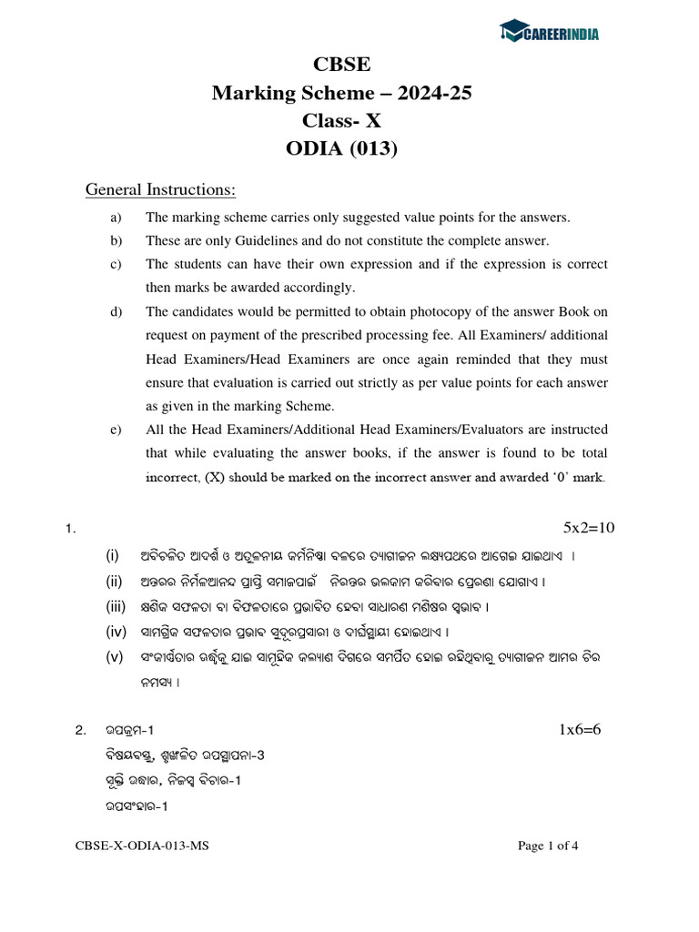 CBSE Class 10 Odia Marking Scheme Question Paper 2024-25 | PDF