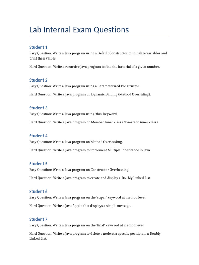 Lab Internal Exam Questions | PDF | Constructor (Object Oriented Programming) | Programming