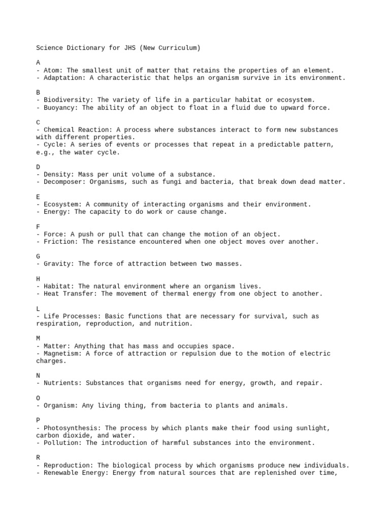 Science Dictionary JHS Curriculum | PDF