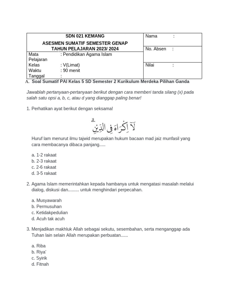 Soal Pai Kelas 5 Genap B | PDF