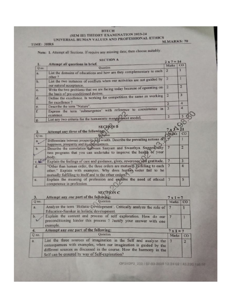 Human Values Question Paper 2024 | PDF