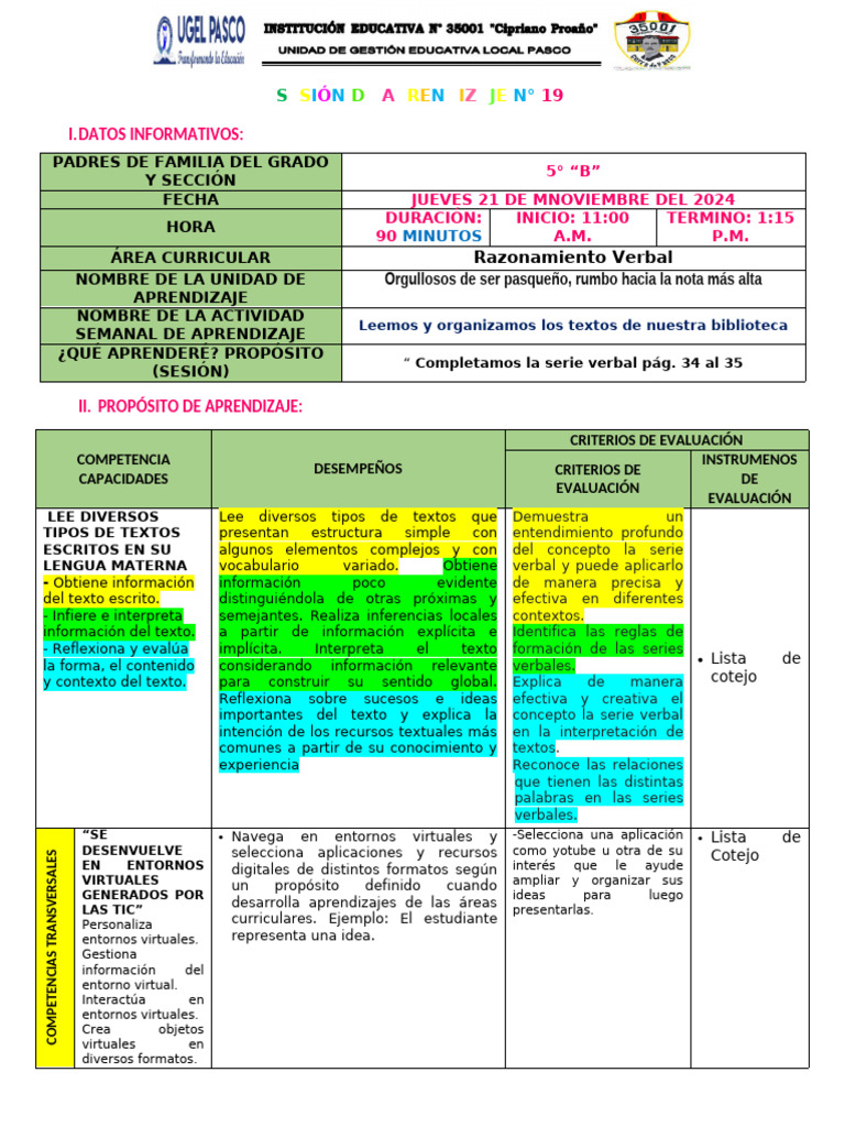 Sesión de Aprendizaje #21 Raz. Verbal Serie Verbal | PDF | Aprendizaje | Enseñando