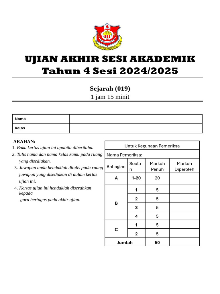 Uasa Sejarah THN 4 Set B 2024 2025 | PDF