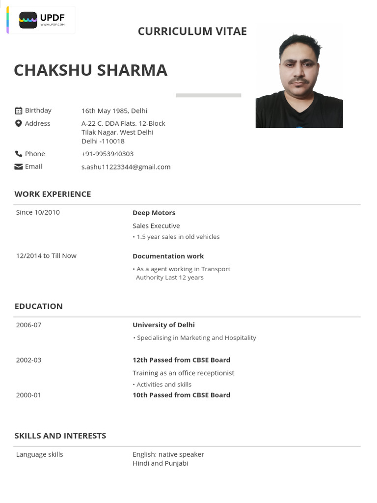 Currículo de Chakshu Sharma - Vendas e Documentação | PDF