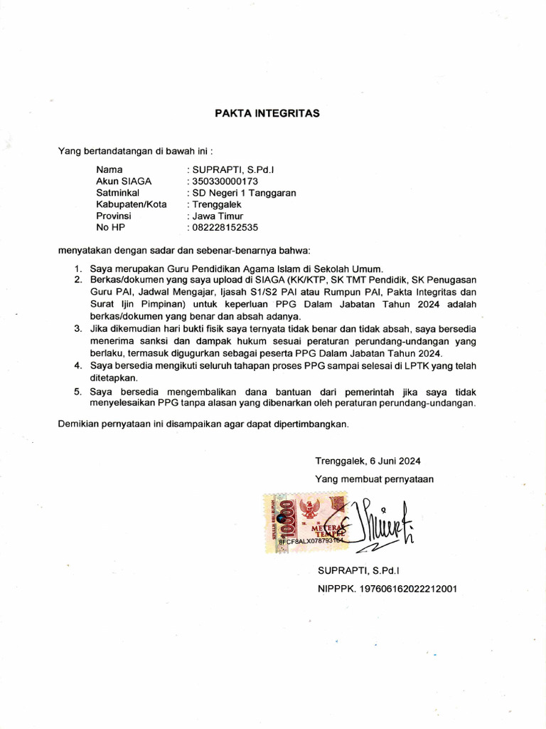 Pakta Integritas Suprapti | PDF