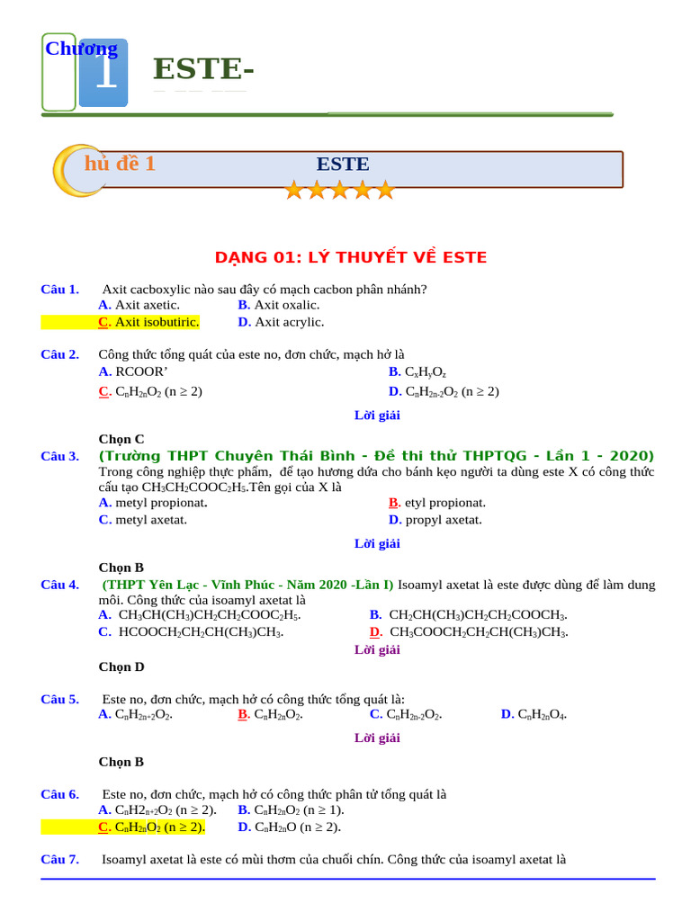 2096 Bai Tap Trac Nghiem Este Lipit Co Dap An Va Loi Giai Chi Tiet | PDF