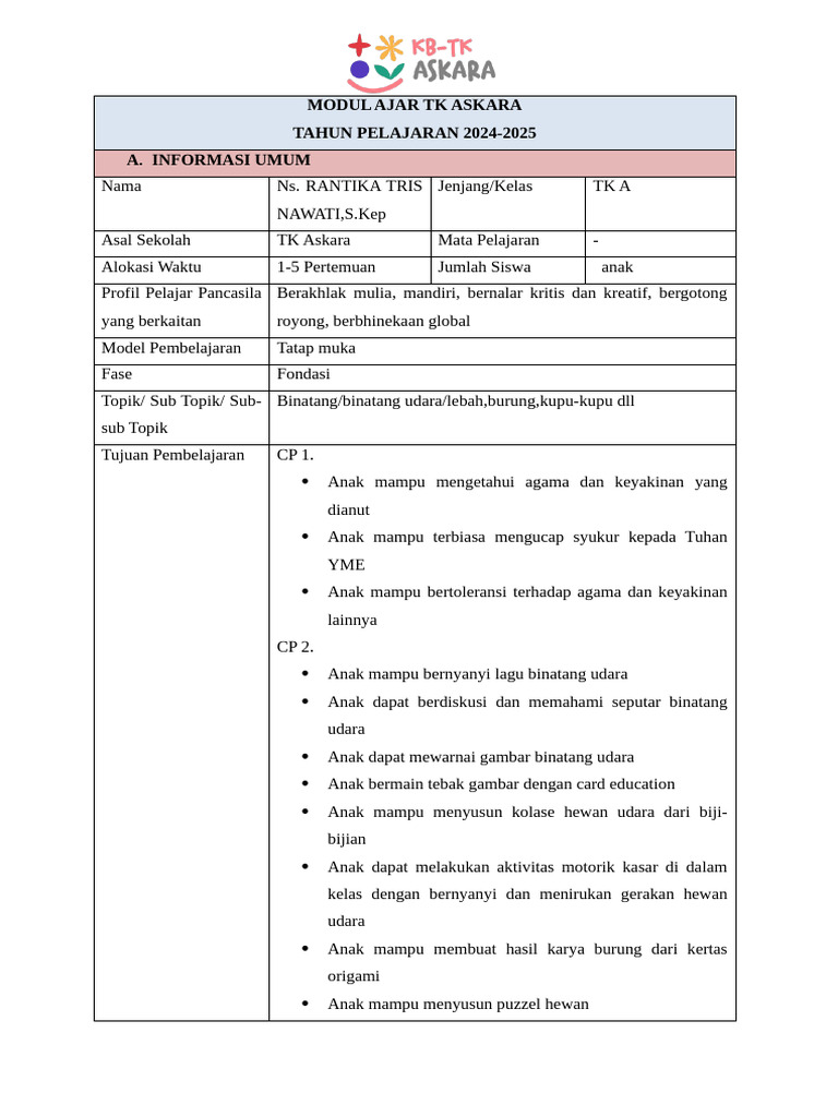 Modul Ajar Binatang Udara TK 2024-2025 | PDF
