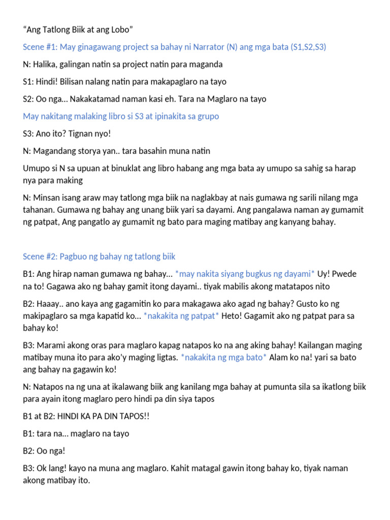 Ang Tatlong Biik at Ang Lobo Script | PDF