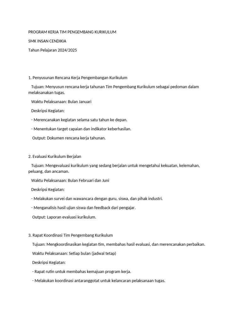 Program Kerja SMK Ic Tim Pengembang Kurikulum | PDF