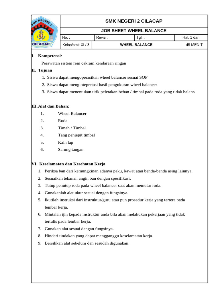Jobsheet Wheel Balance-Tkr 2024 | PDF