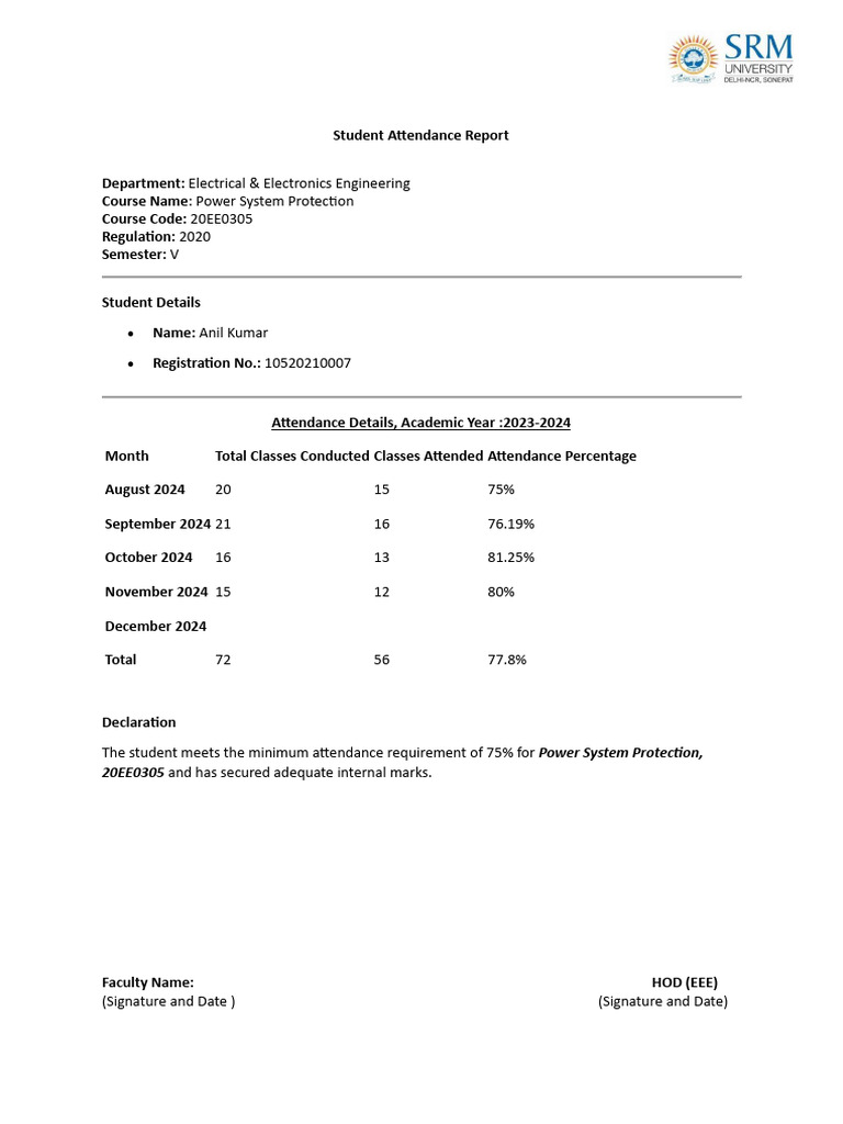 Student Attendance Report for Power System Protection | PDF