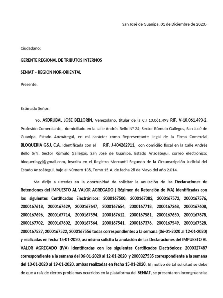 Carta Al Seniat | PDF | Gobierno