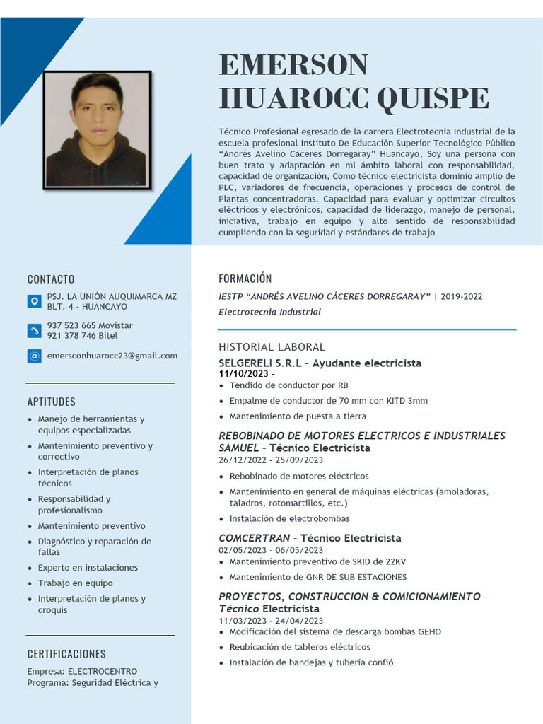 Cv-Huarocc Quispe Emerson Actualizdo 3 | PDF | Electricista | Ingenieria Eléctrica
