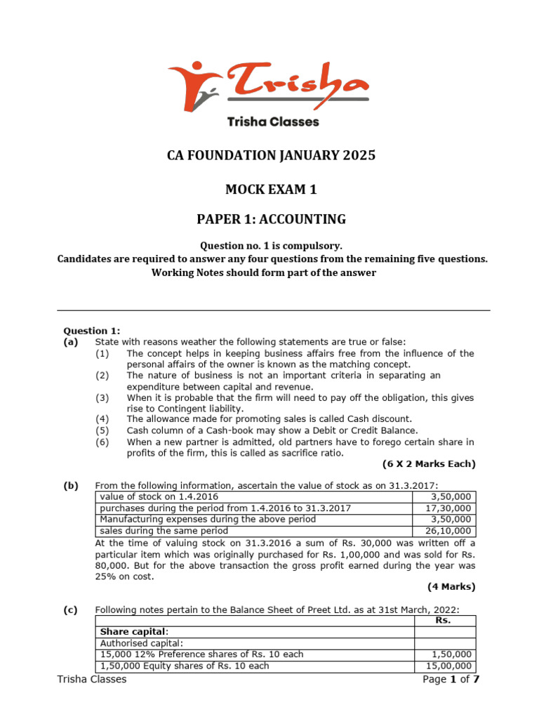 Mock 1 - Paper 1 03-12-2024 | PDF | Debits And Credits | Expense