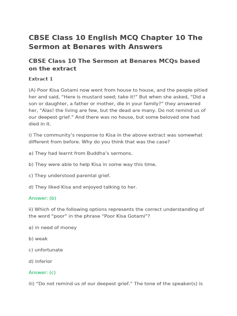 CBSE Class 10 English MCQ Chapter 10 The Sermon at Benares With Answers | PDF | Grief