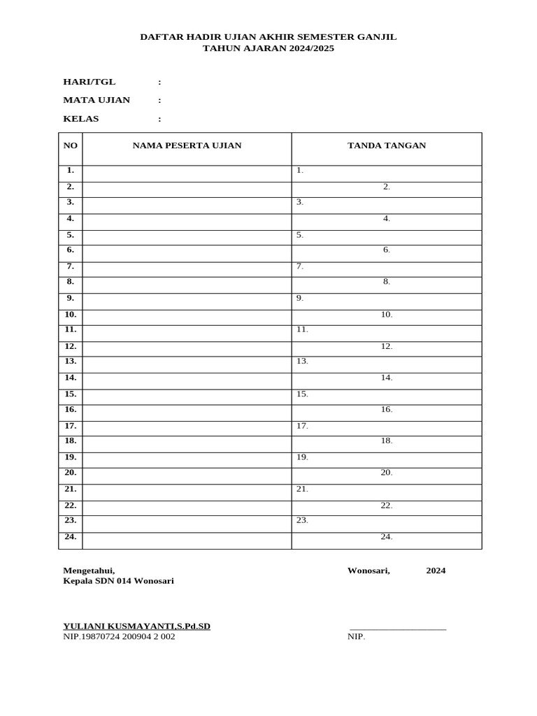 DAFTAR HADIR UJIAN AKHIR SEMESTER GANJIL | PDF