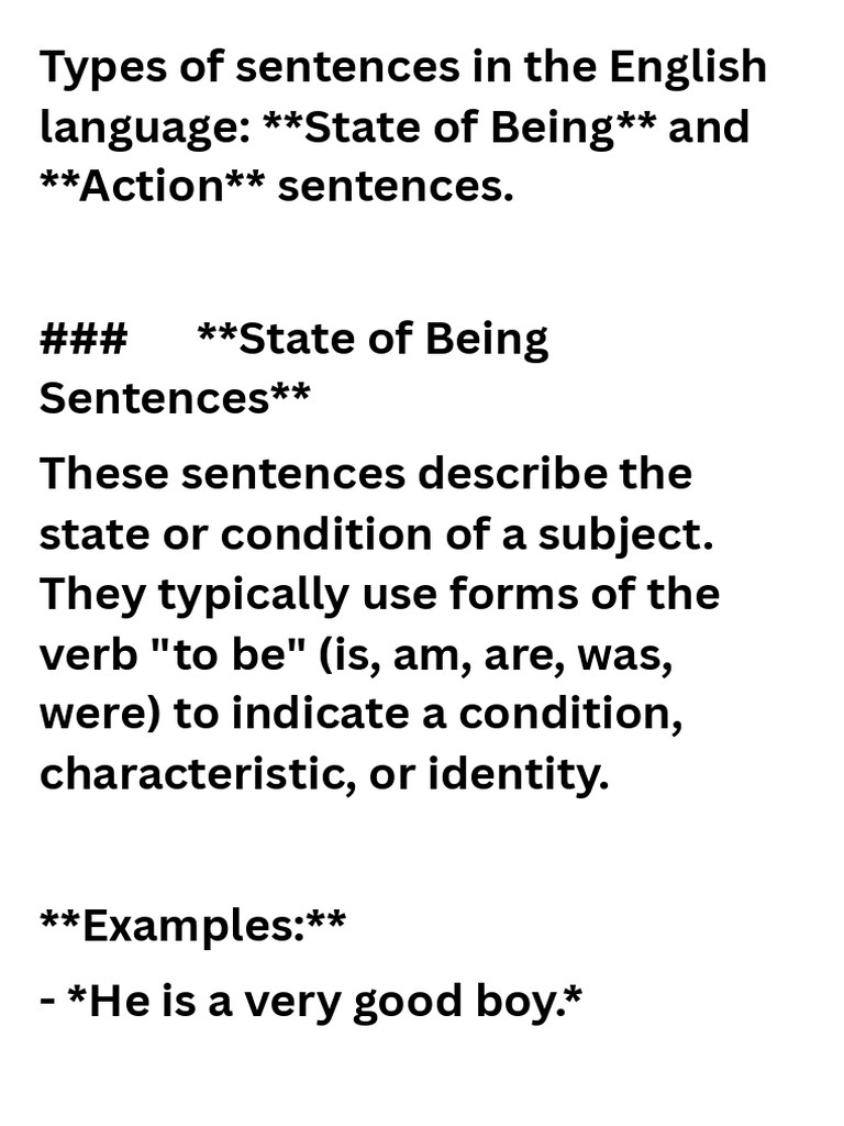 Types of Sentences in the English Language State of Being and Action ...