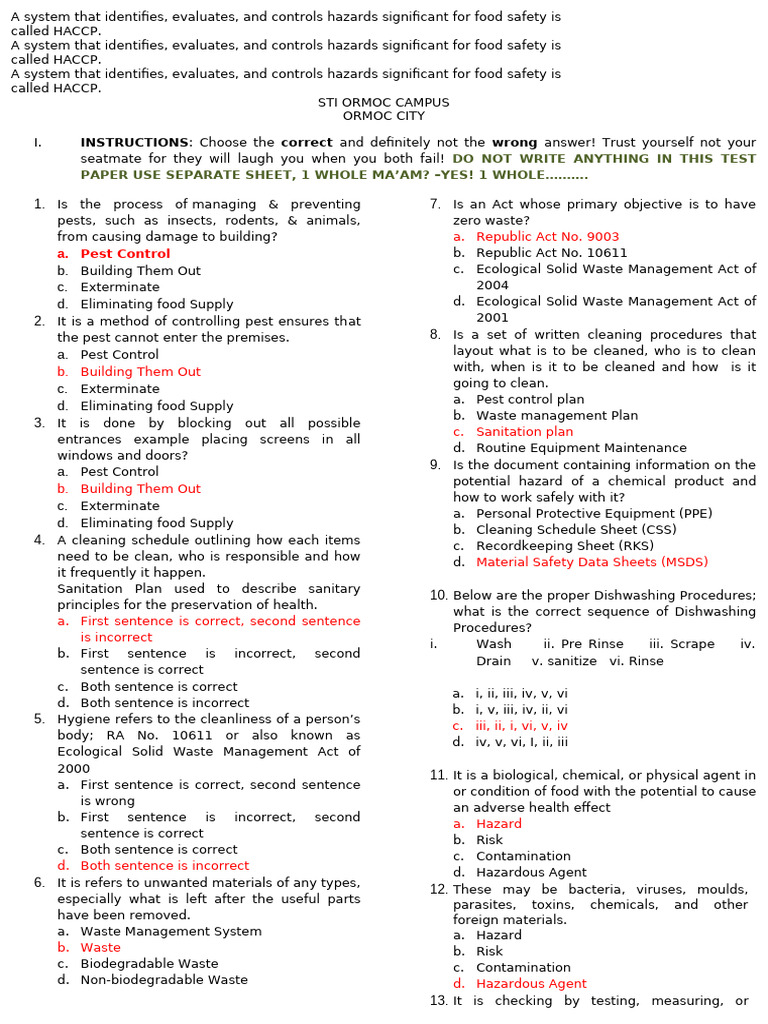answer key | PDF | Hazard Analysis And Critical Control Points | Verification And Validation