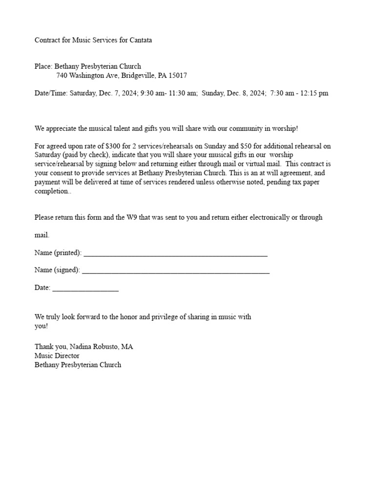 Music Services Contract for Cantata | PDF