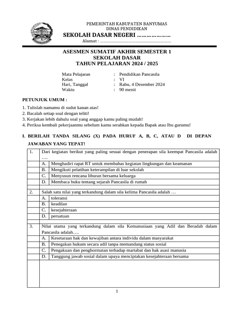 Soal Pendidikan Pancasila Sas 1 - Copy | PDF