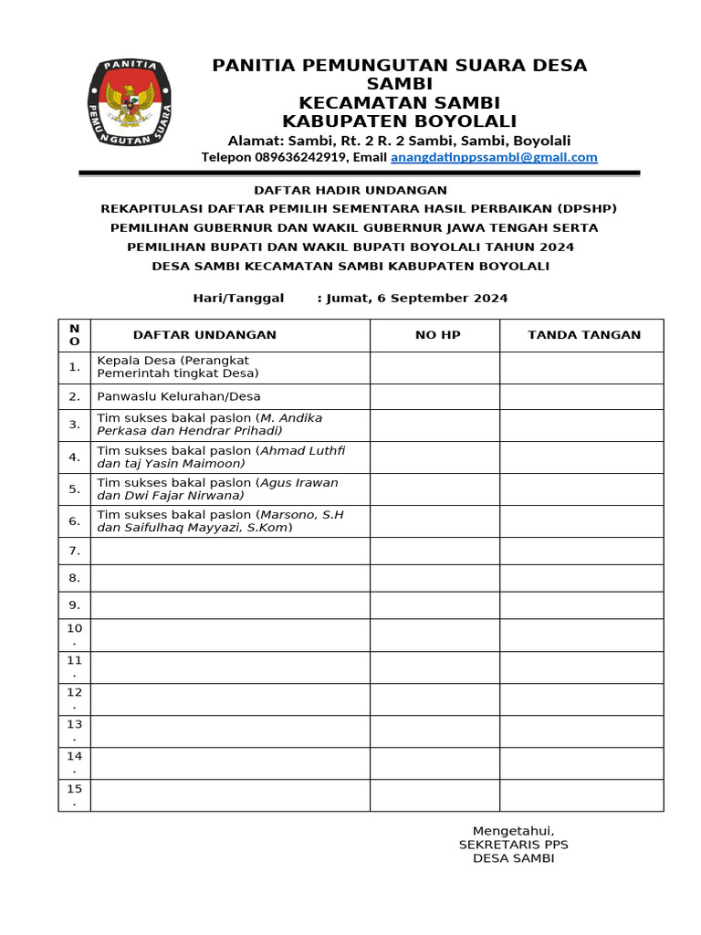 Daftar Hadir PPS 6 Sep 2024 | PDF