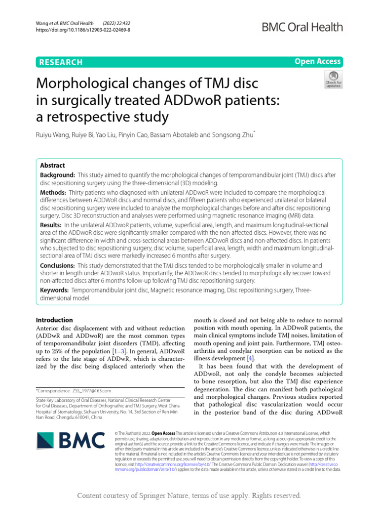 Morphological Changes of TMJ Disc in Surgically TR | PDF | Surgery ...