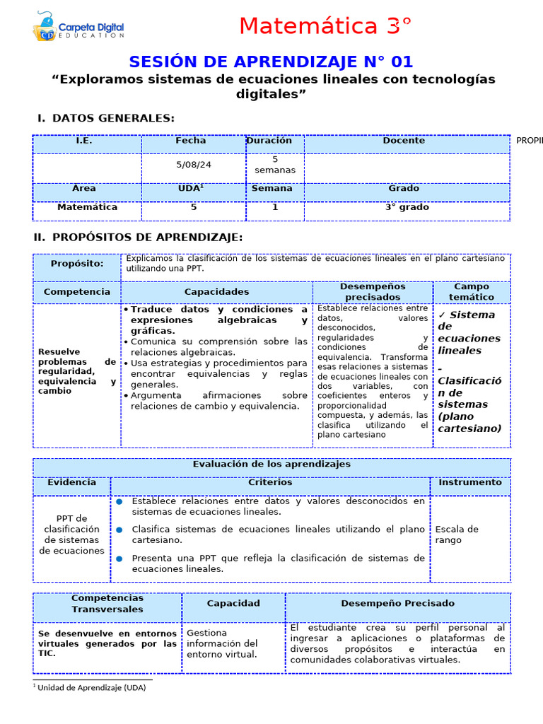 SESION 1-Exploramos Sistemas de Ecuaciones Lineales Con Tecnologías Digitales - MATEMATICA 3RO ...