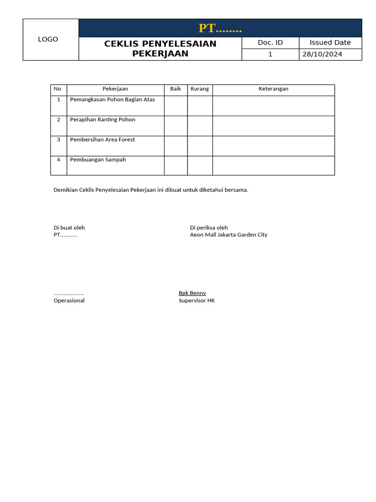 Ceklis Pekerjaan Aeon | PDF