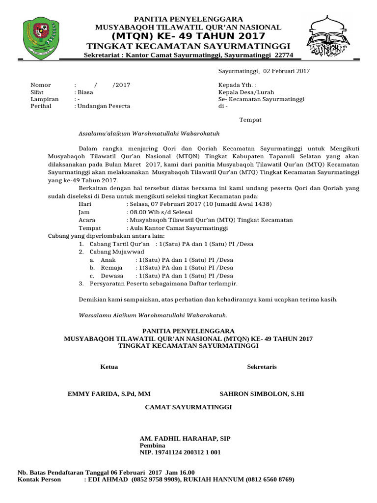 Undangan MTQ Kecamatan Sayurmatinggi | PDF