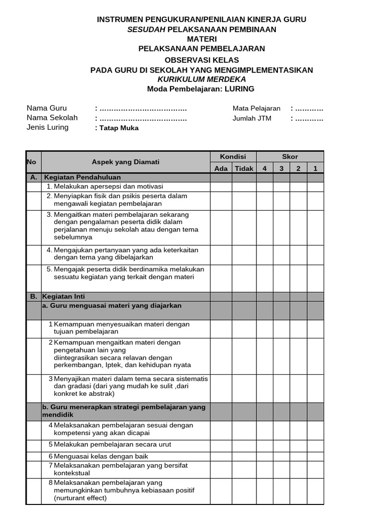 Instrumen Observasi Kelas | PDF