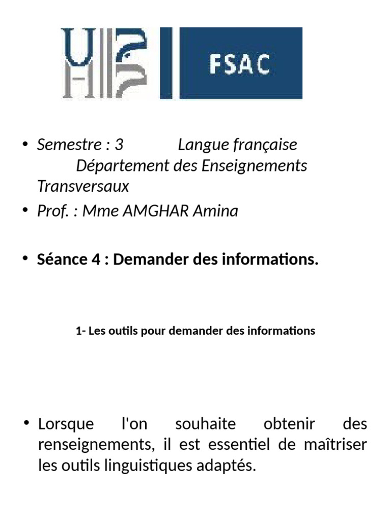 Demander Des Informations PPT | PDF | Question | Grammaire