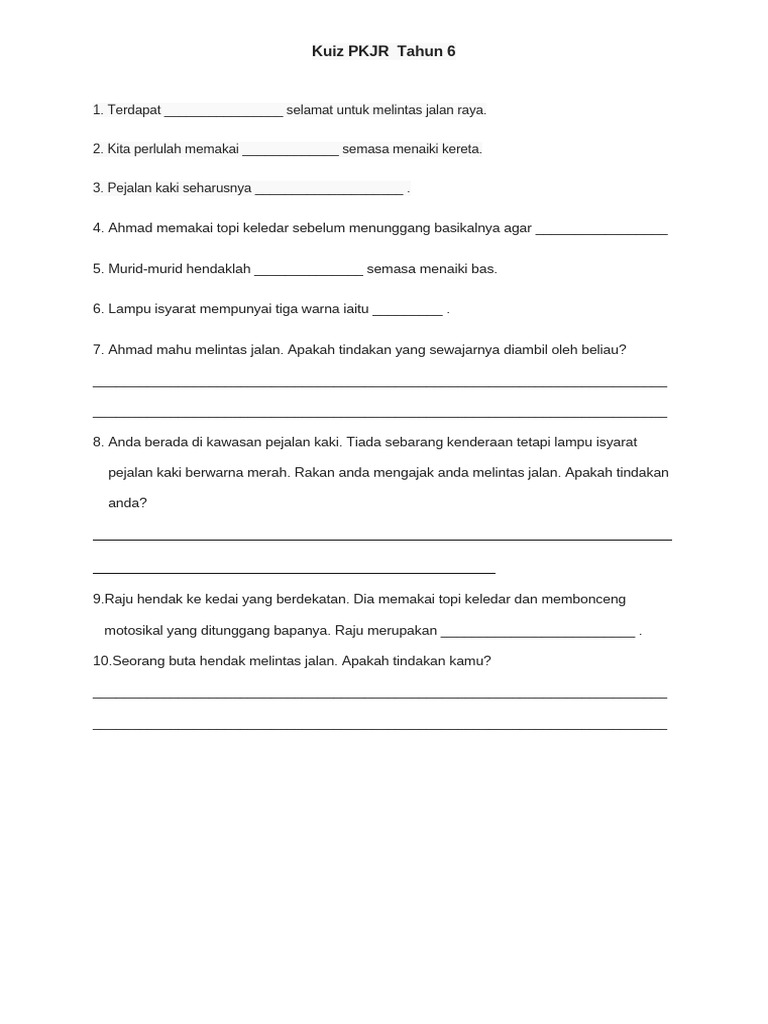 Kuiz PKJR Tahun 6 | PDF