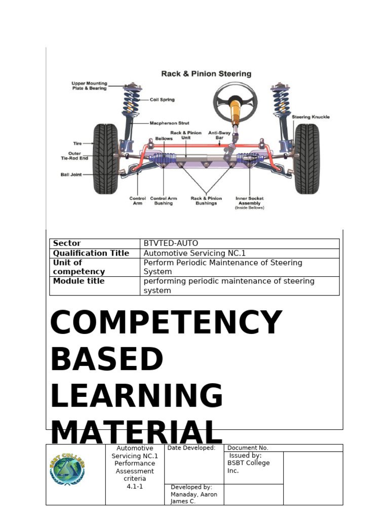 Competency Based Learning Material Automotive Steering System | PDF | Steering | Gear