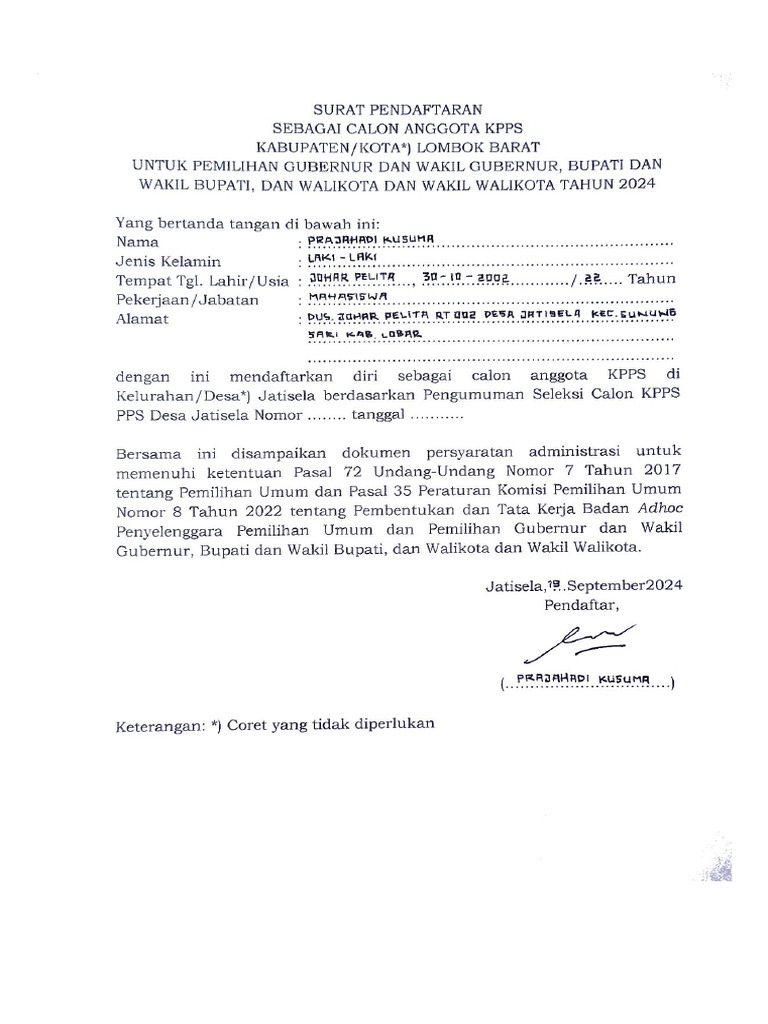 Surat Pendaftaran KPPS | PDF